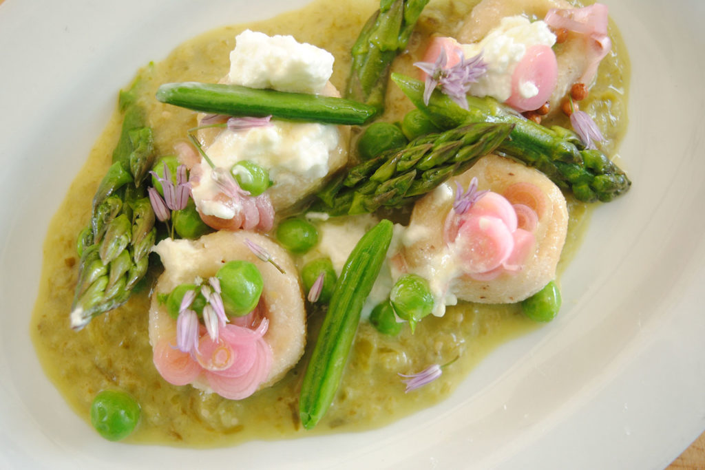 Chochoyotes in Spring Salsa Verde with Asparagus, Spring Peas, and Goat ...
