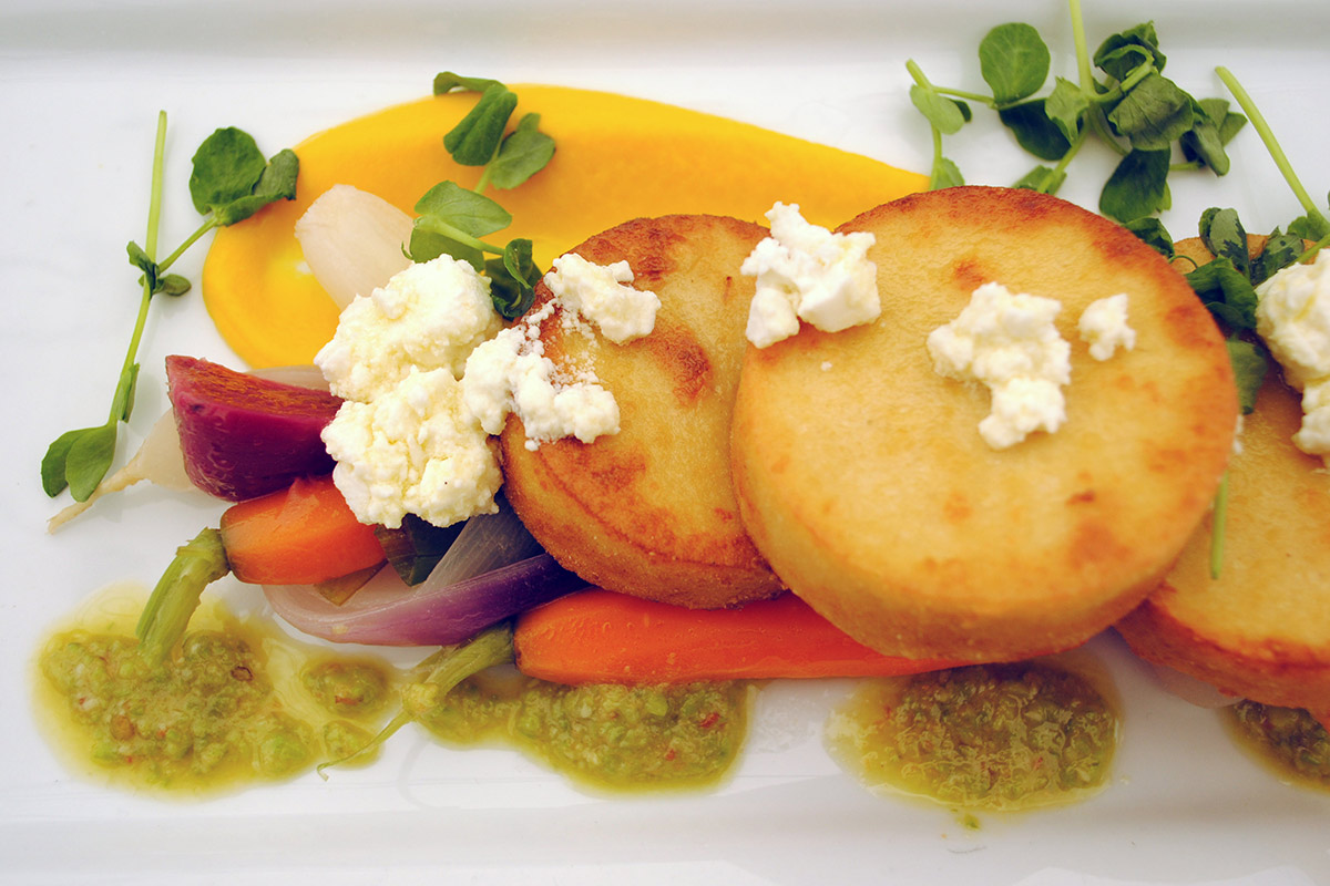 Chickpea Panisse Cakes with Spring Ragout, Carrot Purée, Fava Pistou ...