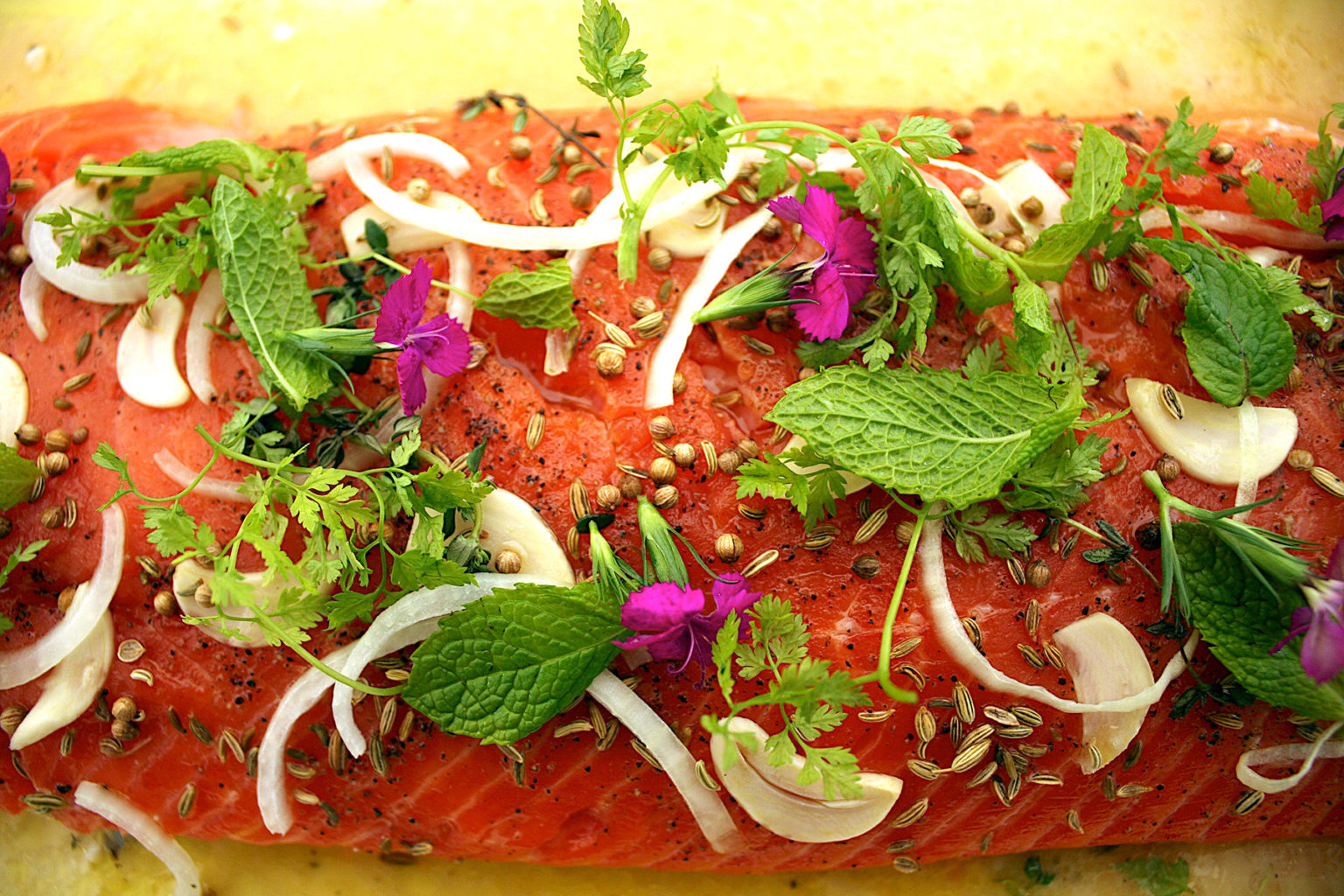 Wild King Salmon Mi-Cuit with Herbs, Flowers, and Coriander Seed : Foodwise