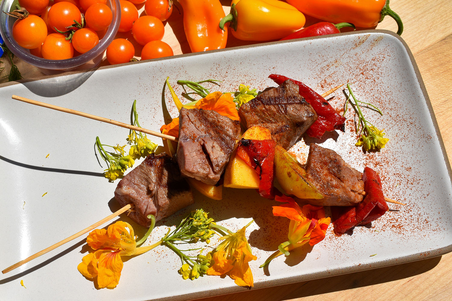 Grilled Lamb Pinchos (Skewers) with Pickled Tomato, Summer Peppers, and ...