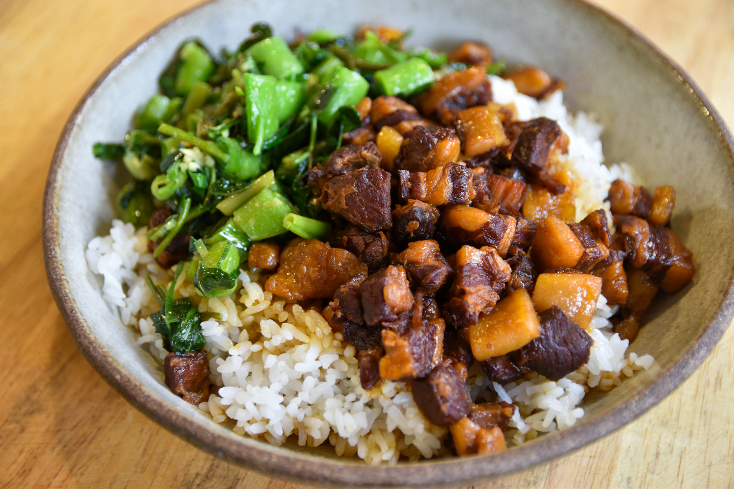 Lu Rou Fan (Braised Pork Belly with Ginger Scallion Pea Shoots)